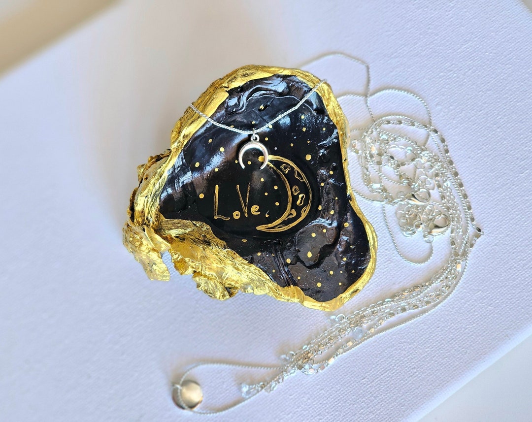 Black & Gold Oyster Shell Trinket Dish With Moon Love Inscription, Ring ...