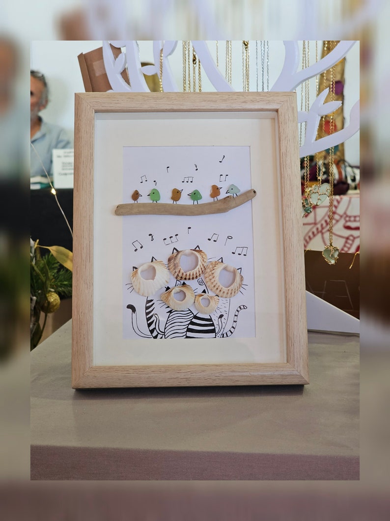 Unique Handmade Sea Glass Art, Shell Art, Gift for Cat Lovers, Singer ...