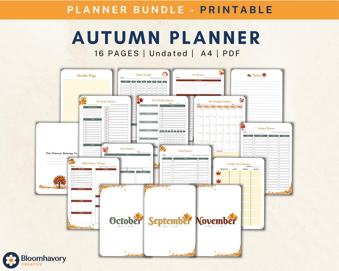 Autumn Planner Bundle Undated Printable Daily Planner Weekly Monthly ...