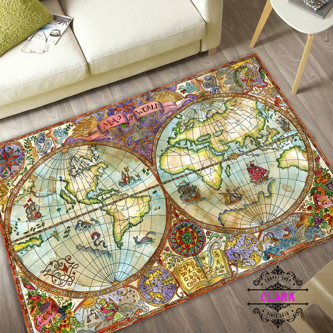 Old World Map Rug, Vintage Map Rug, Vintage World Map Rug, Personalized ...