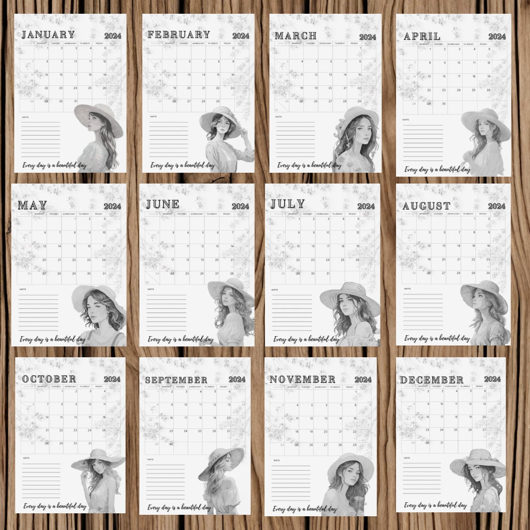 Black and White Printable Calendar 2024 - Etsy