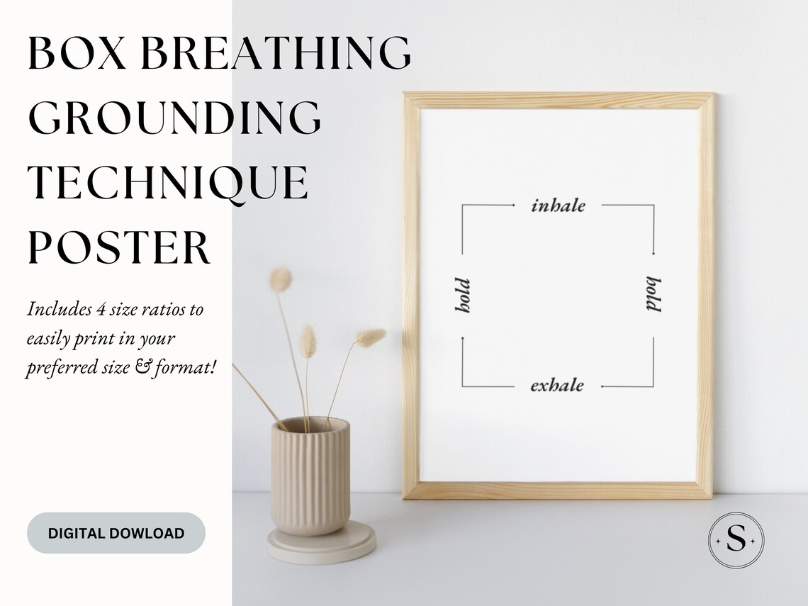 Box Breathing Grounding Technique Poster B&W Negative Thought Stopping ...