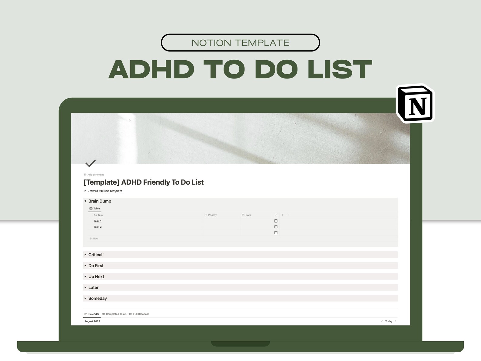 Notion ADHD Friendly to Do List Adult ADHD Notion Templates Focus ...