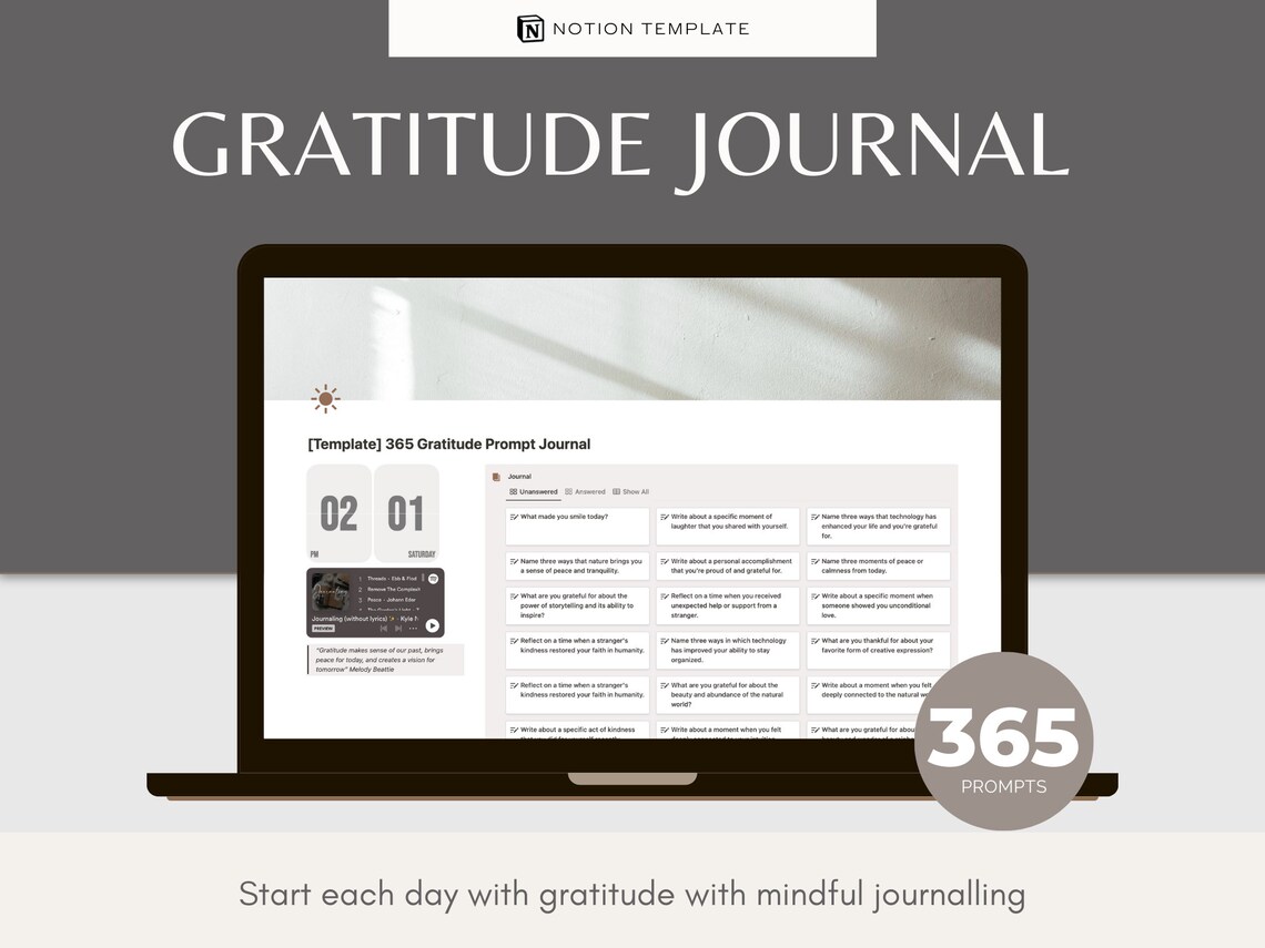 Notion Gratitude 365 Self Reflective Journal Prompts | Notion Templates ...