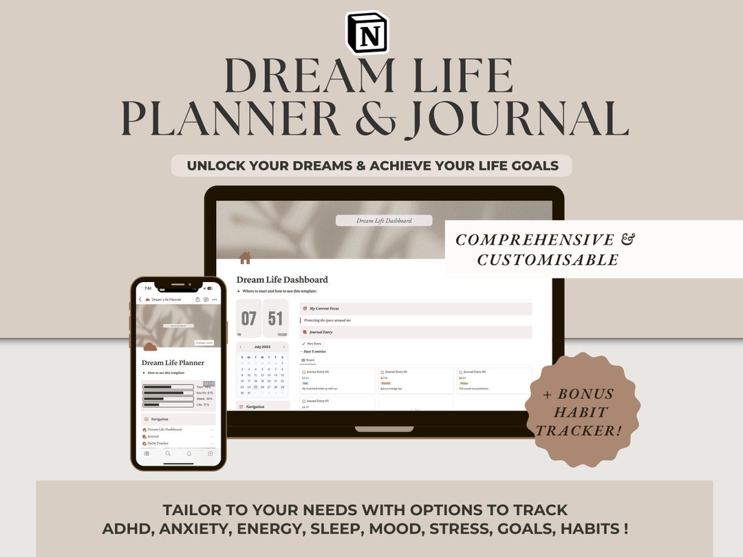 Notion Dream Life Planner & Digital Journal | Goal, Mood, Habit, Sleep ...