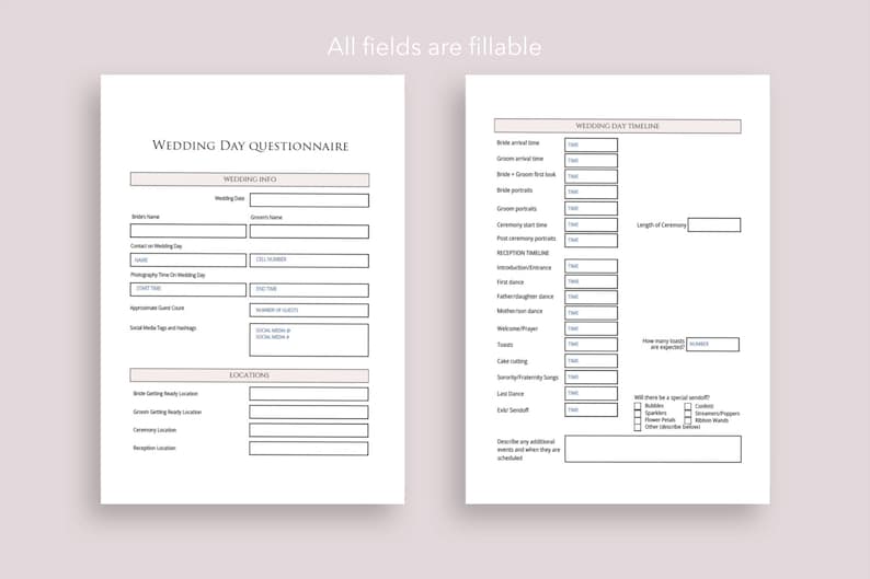 Wedding Day Photography Questionnaire - Fillable PDF for Photographers ...