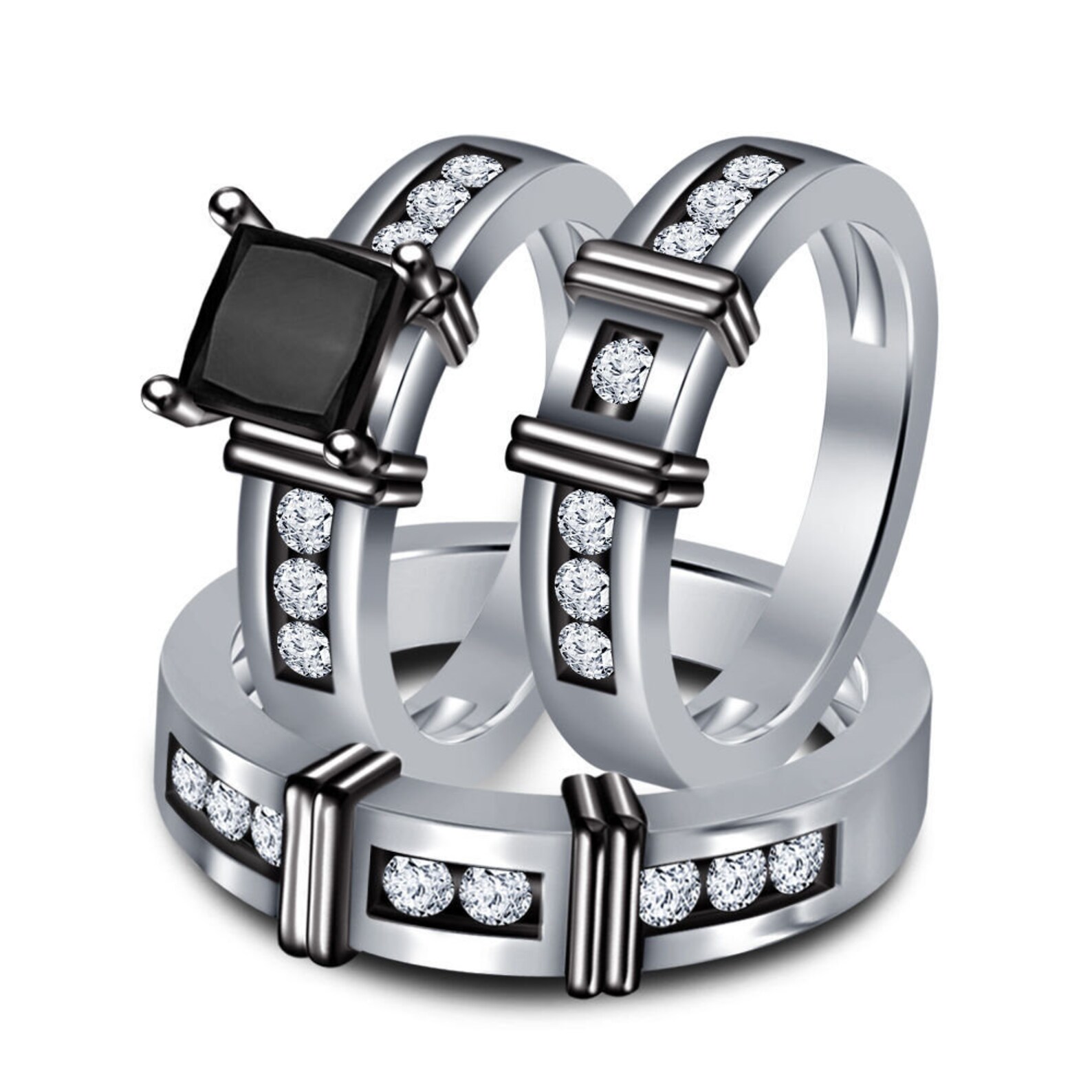 2.50ct AAA Lab Created Black Diamond 14k White Gold Plated 925 Bride & Groom Bridal Engagement ...