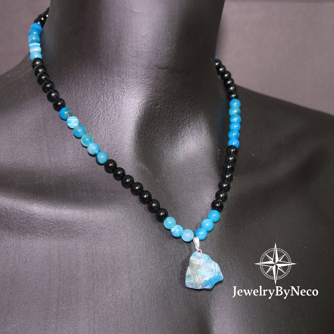 Mens Blue Agate Necklace, Adjustable Mens Natural Stone Necklace, Blue ...