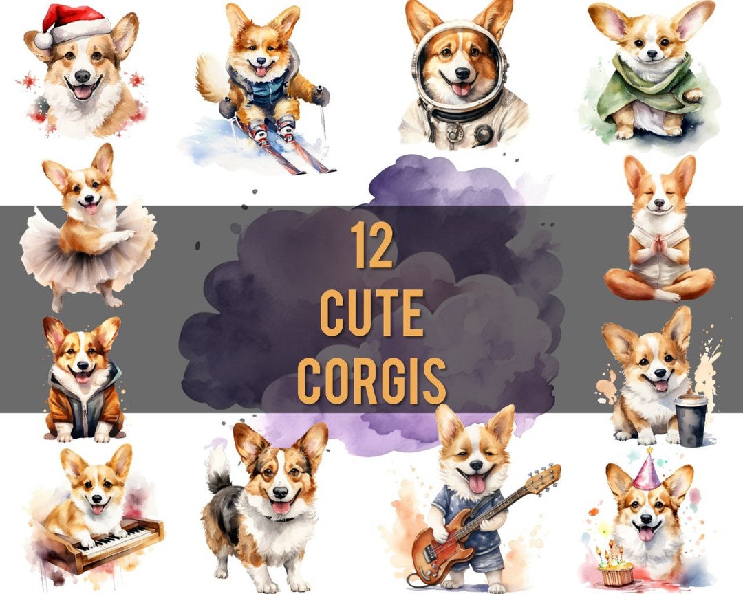Cute Corgis| PNG Clip Art| 12 Watercolor Clipart| Corgi Ballerina ...