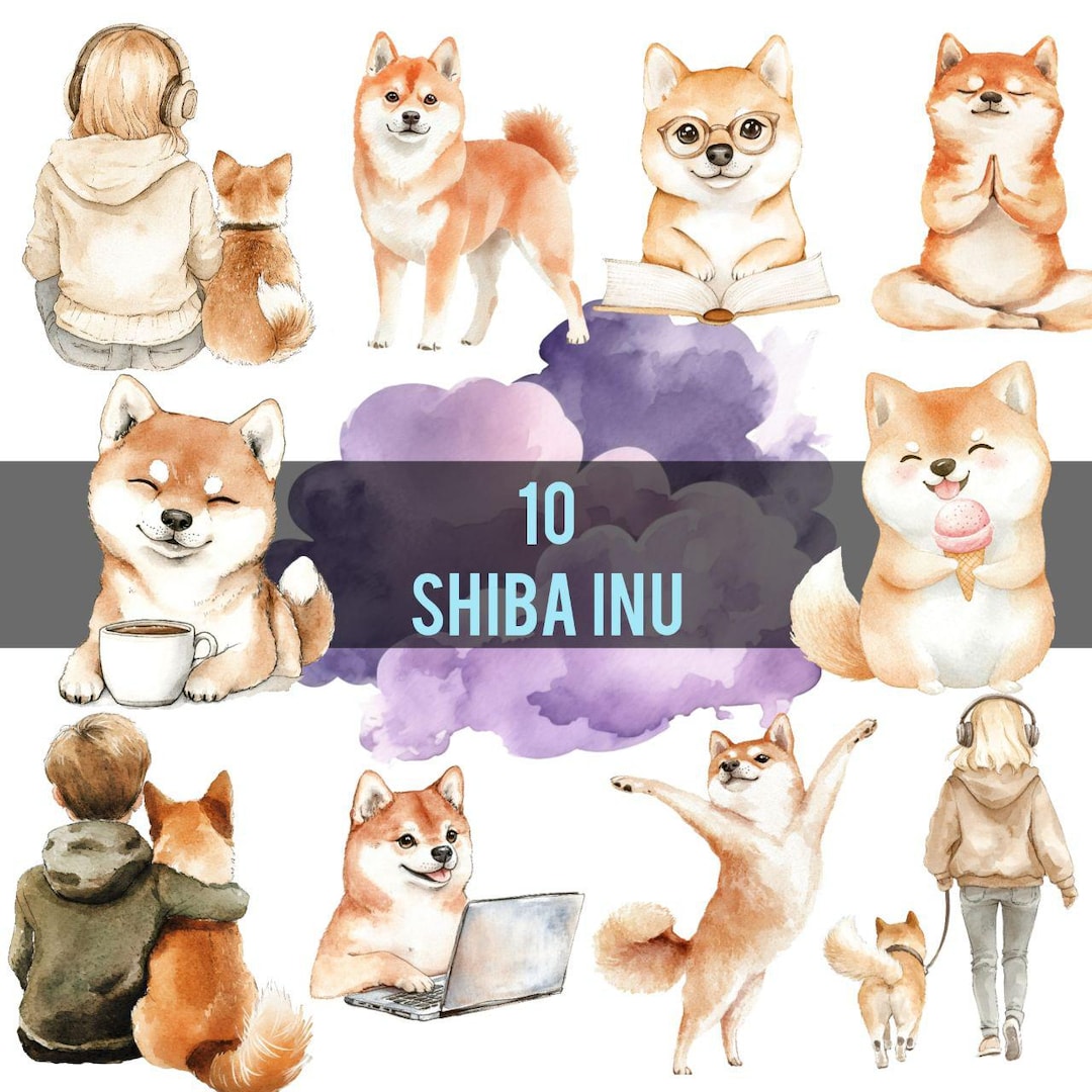 10 Shiba Inu | Watercolor PNG Clipart | Dog With a Girl, Boy, Book ...