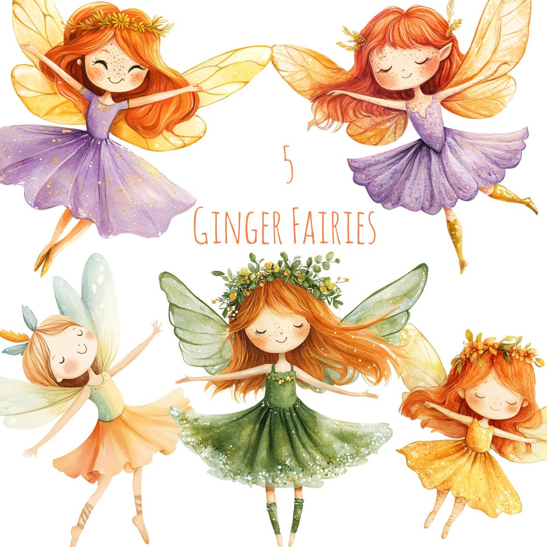 5 Ginger Fairies | Watercolor PNG Clipart | Dancing Fairy | Magical ...