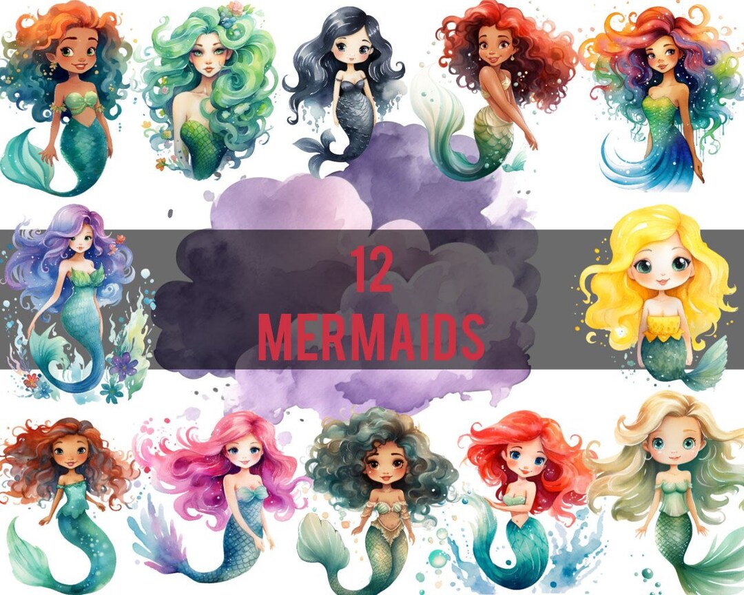 Mermaid Clipart| 12 PNG High Quality| Watercolor Mermaids With Pink ...