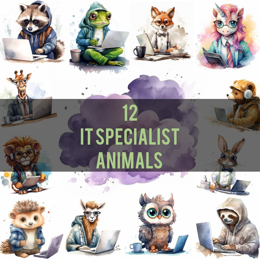 12 IT Specialist Animals. Watercolor PNG Clipart Set. racoon, Unicorn ...