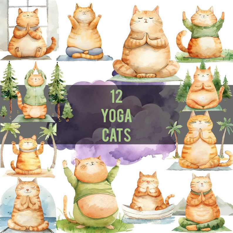 12 Yoga Cats | Watercolor PNG Clipart | Ginger Chubby Cat | Yoga in the ...
