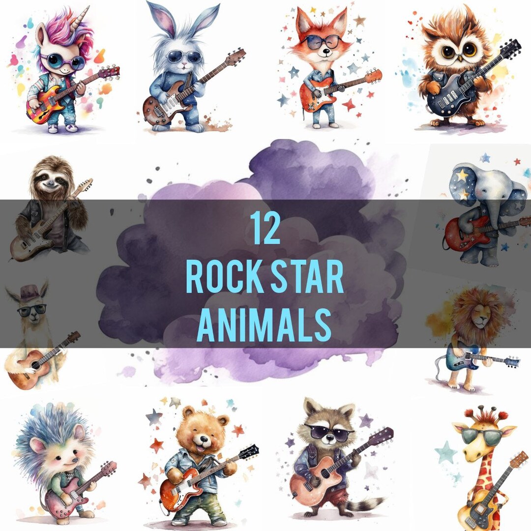 12 Watercolor Rock Star Animals. PNG Clipart Bundle. (racoon, Unicorn ...
