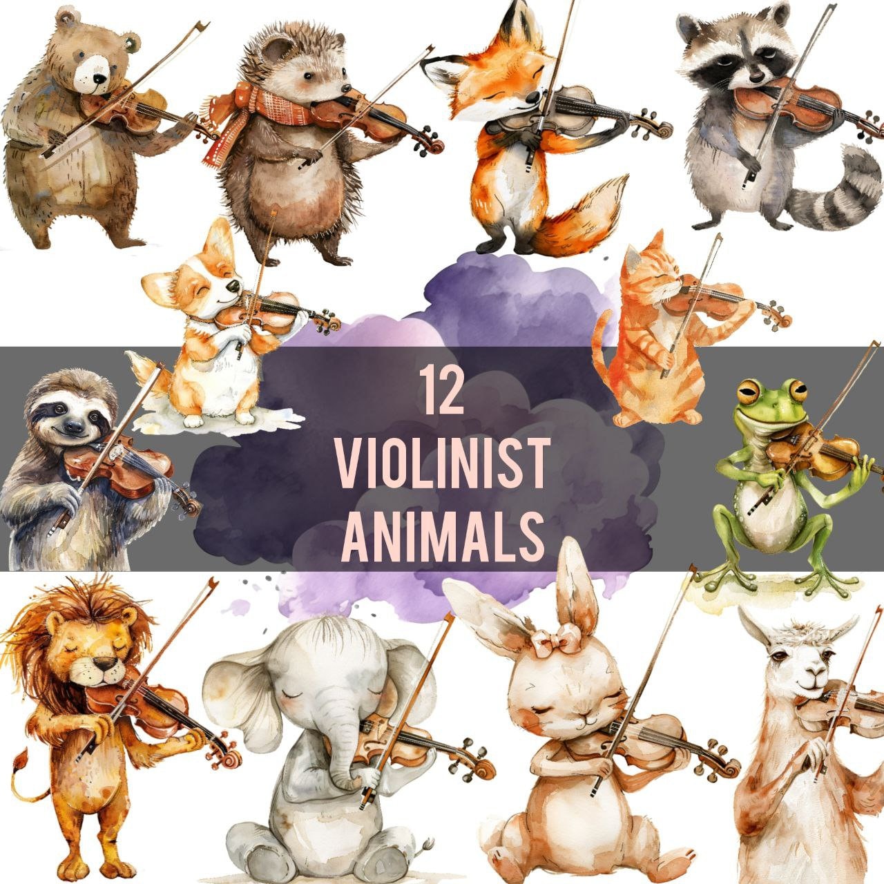 Violinist Animals | 12 Watercolor PNG Clipart |musician Bear,fox,lion ...