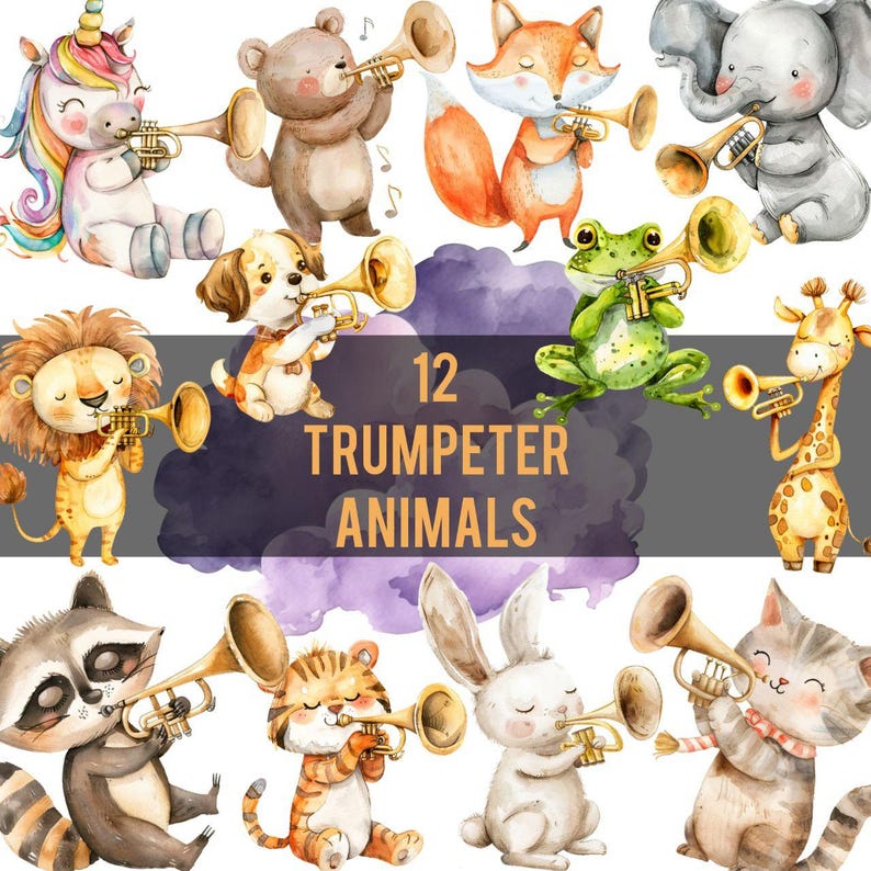 Trumpeter Animals | 12 Watercolor PNG Clipart|musician Bear,fox,lion ...