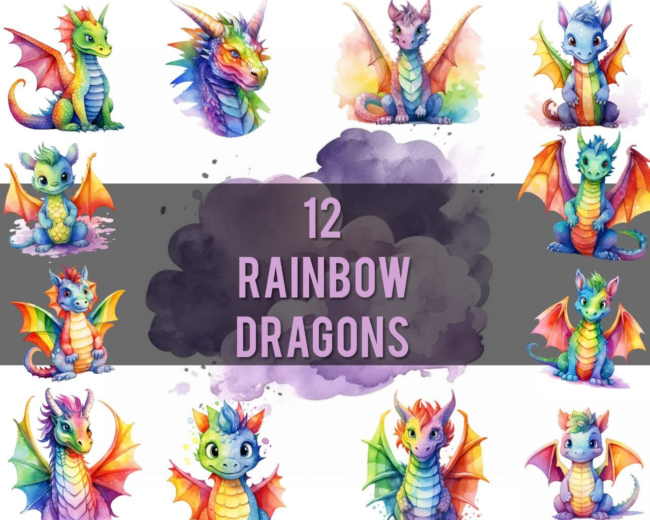 Rainbow Dragons | 12 Watercolor PNG Clipart | Colorful Fairy Dragons ...