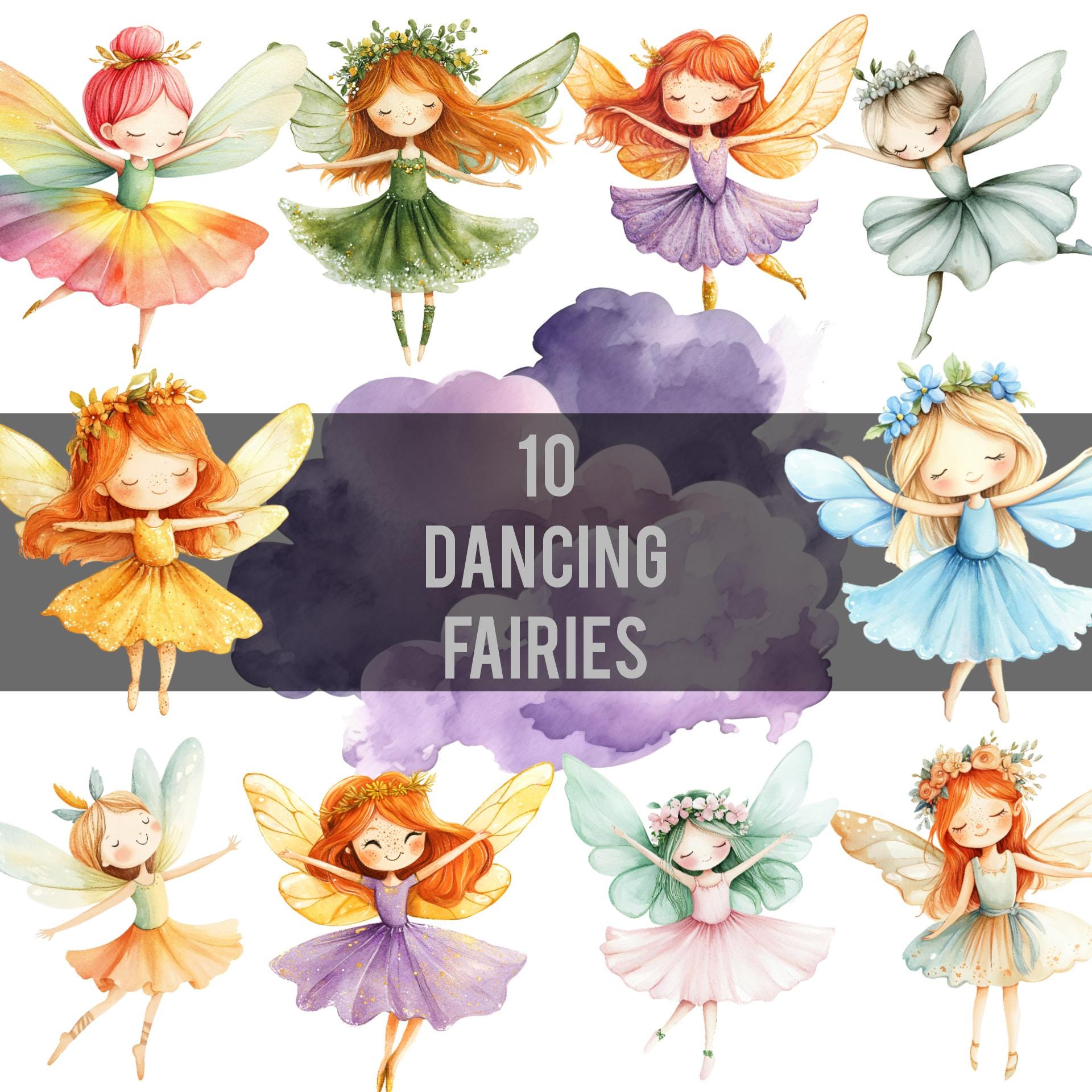 10 Dancing Fairies | Watercolor PNG Clipart | Fairytale Clip Arts ...