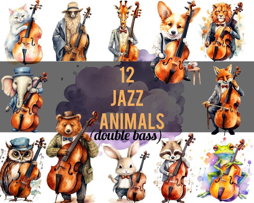 Jazz Animals| 12 PNG Clipart| Watercolor Animals Playing Double Bass ...