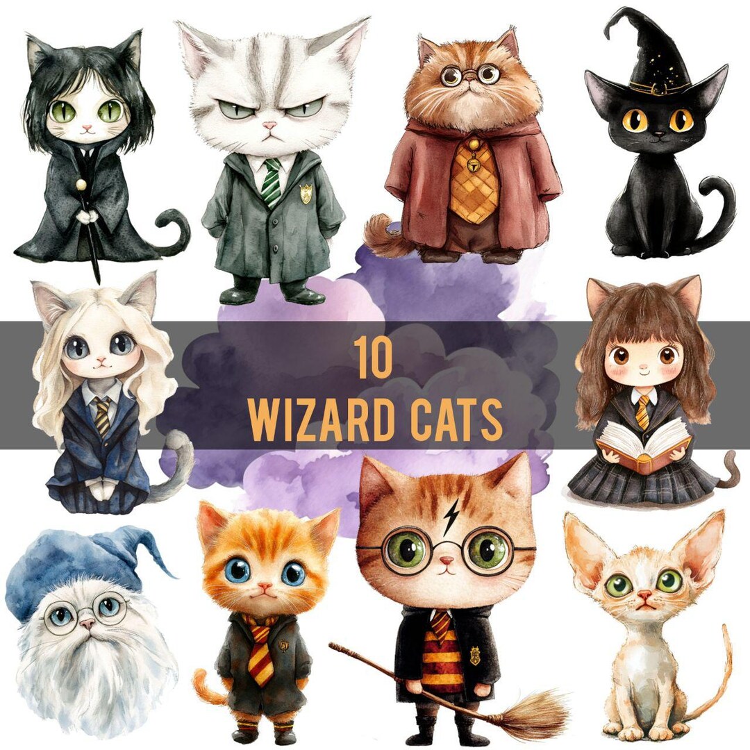 10 Wizard Cats Watercolor PNG Clipart Magic School Characters Potter ...