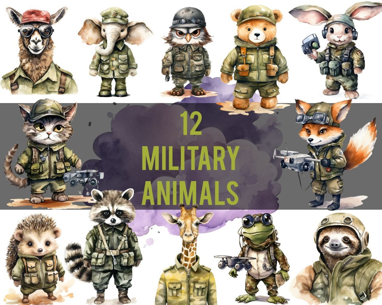 Military Animals| 12 PNG Clipart| Watercolor|(cat, Fox, Raccoon, Owl ...