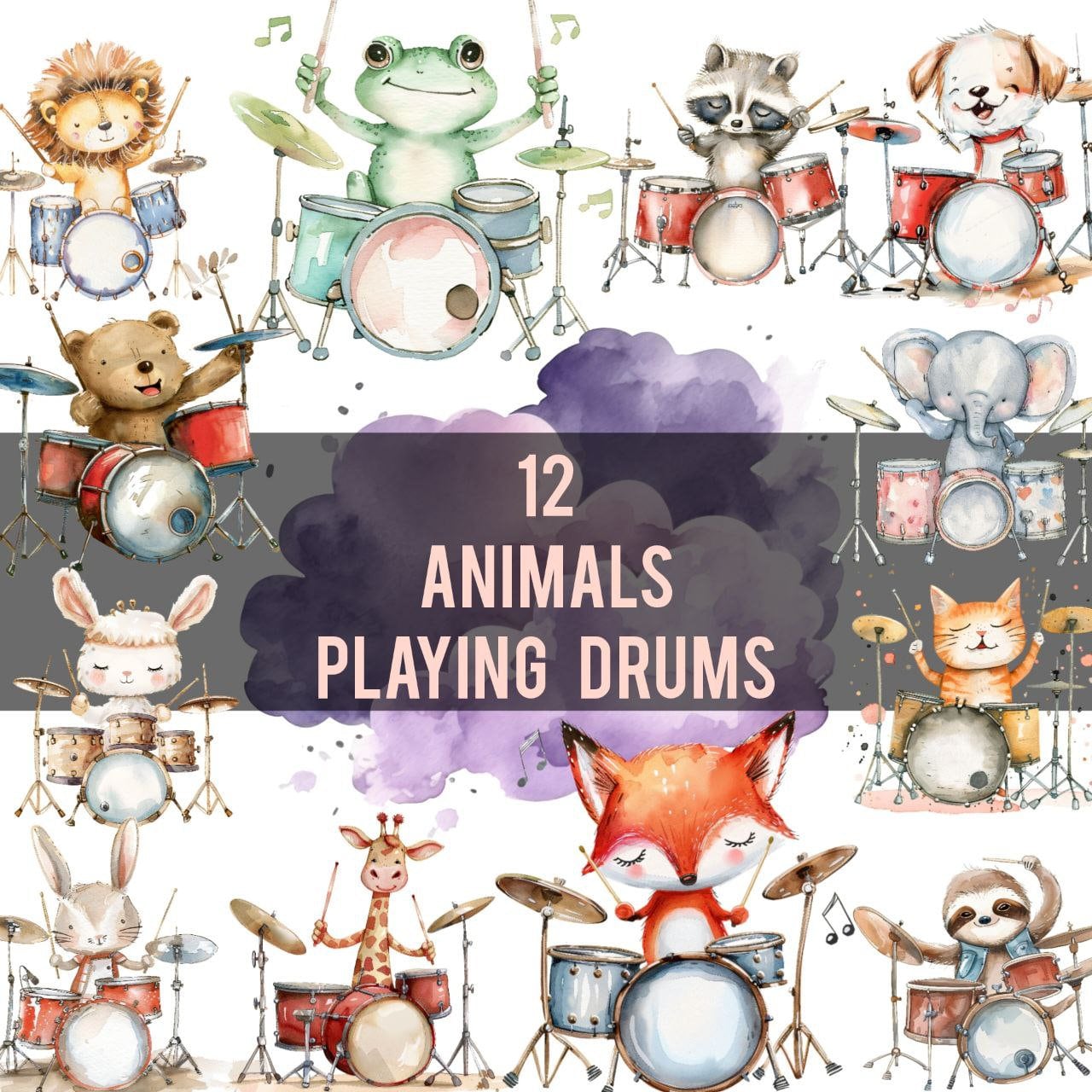 12 Animals Playing Drums | Watercolor PNG Clipart | Musician Lion ...