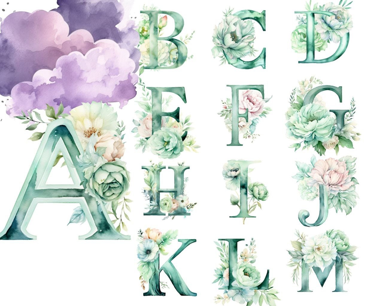 Mint Peony Alphabet| 26 PNG| Watercolor Floral Letters| Aquamarine ...