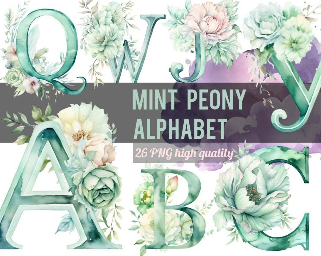 Mint Peony Alphabet| 26 PNG| Watercolor Floral Letters| Aquamarine ...