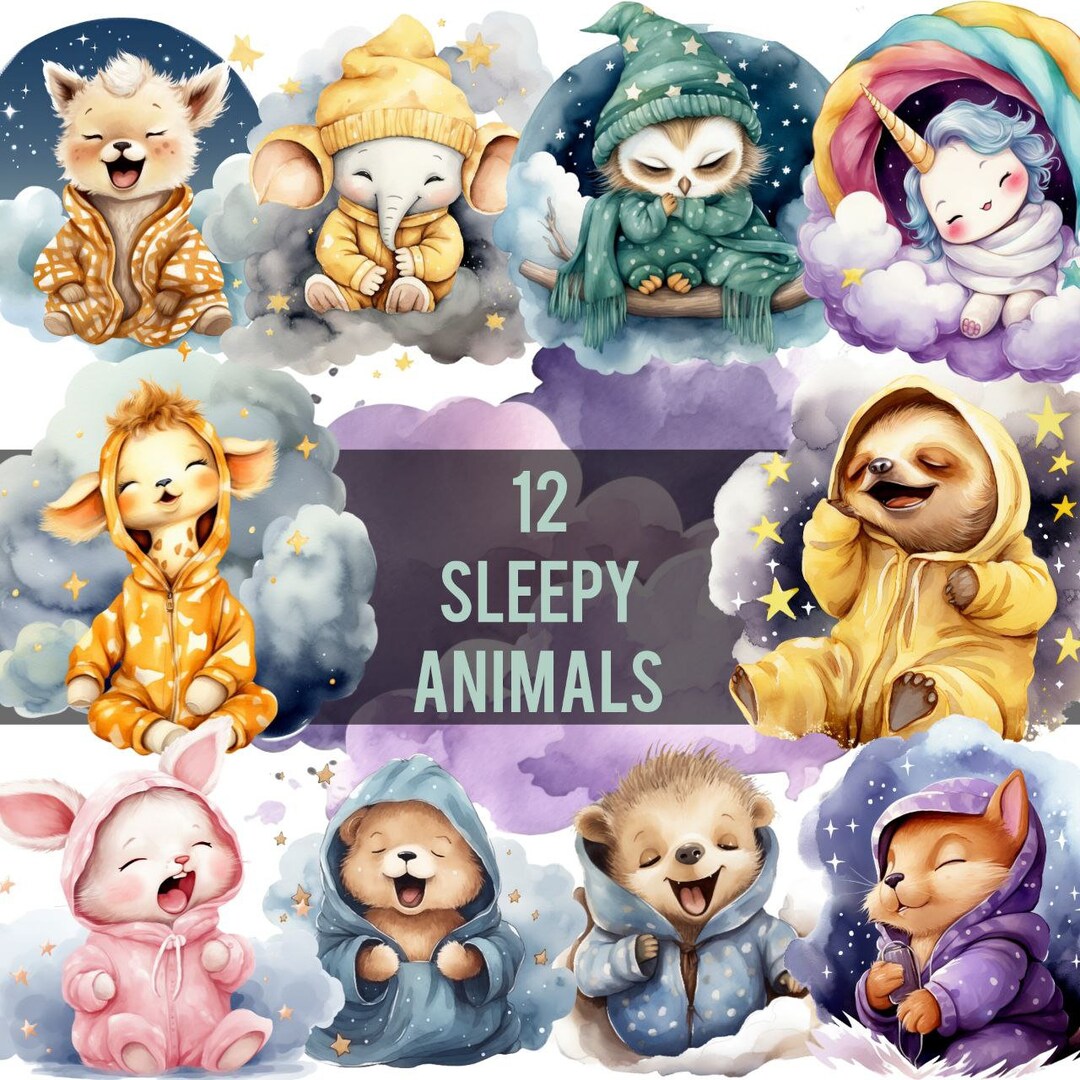 12 Sleepy Animals | Watercolor PNG Clipart | Baby Animals on a Cloud ...