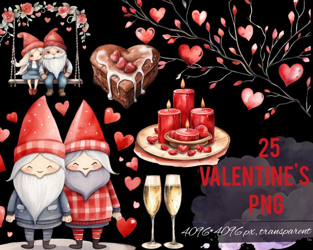 25 Gnomes and Branches With Hearts | Watercolor PNG Clipart | Valentine ...