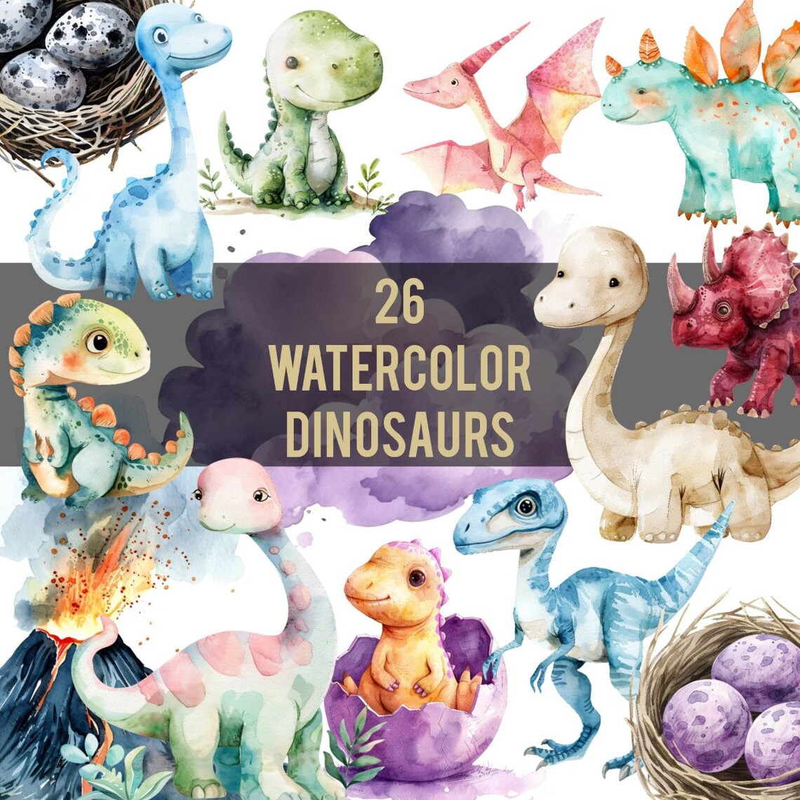 26 Watercolor Dinosaurs Baby Dino PNG Clipart volcano,eggs ...