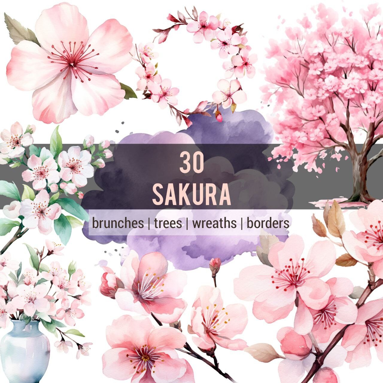 Sakura Bundle 30 Watercolor PNG Clipart Brunches, Trees, Wreathes ...