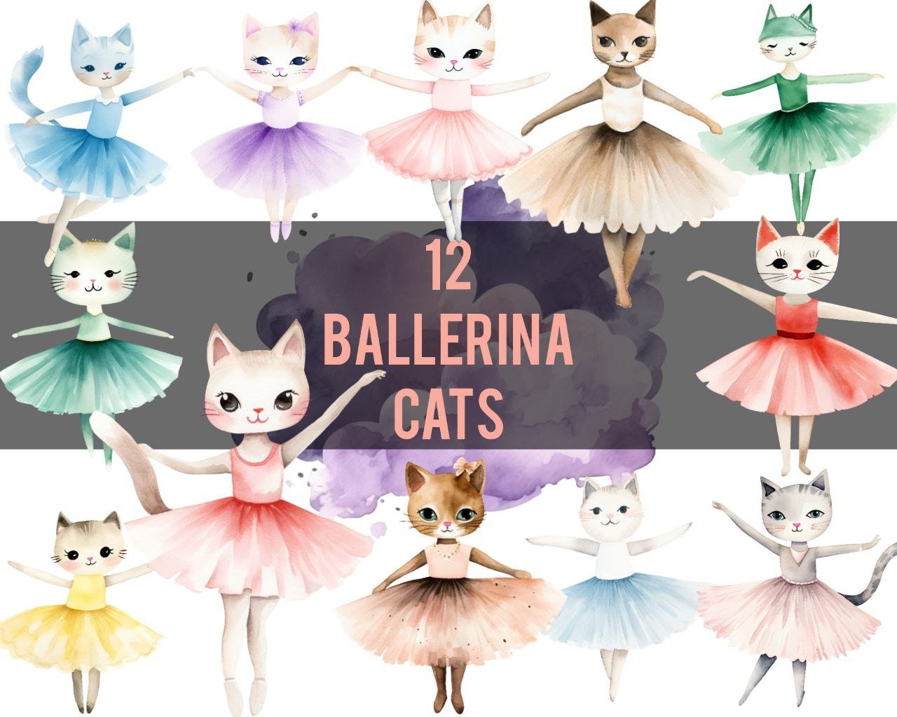 12 Ballerina Cats Watercolor PNG Clipart Kitty Ballerina Art Cat in Red ...