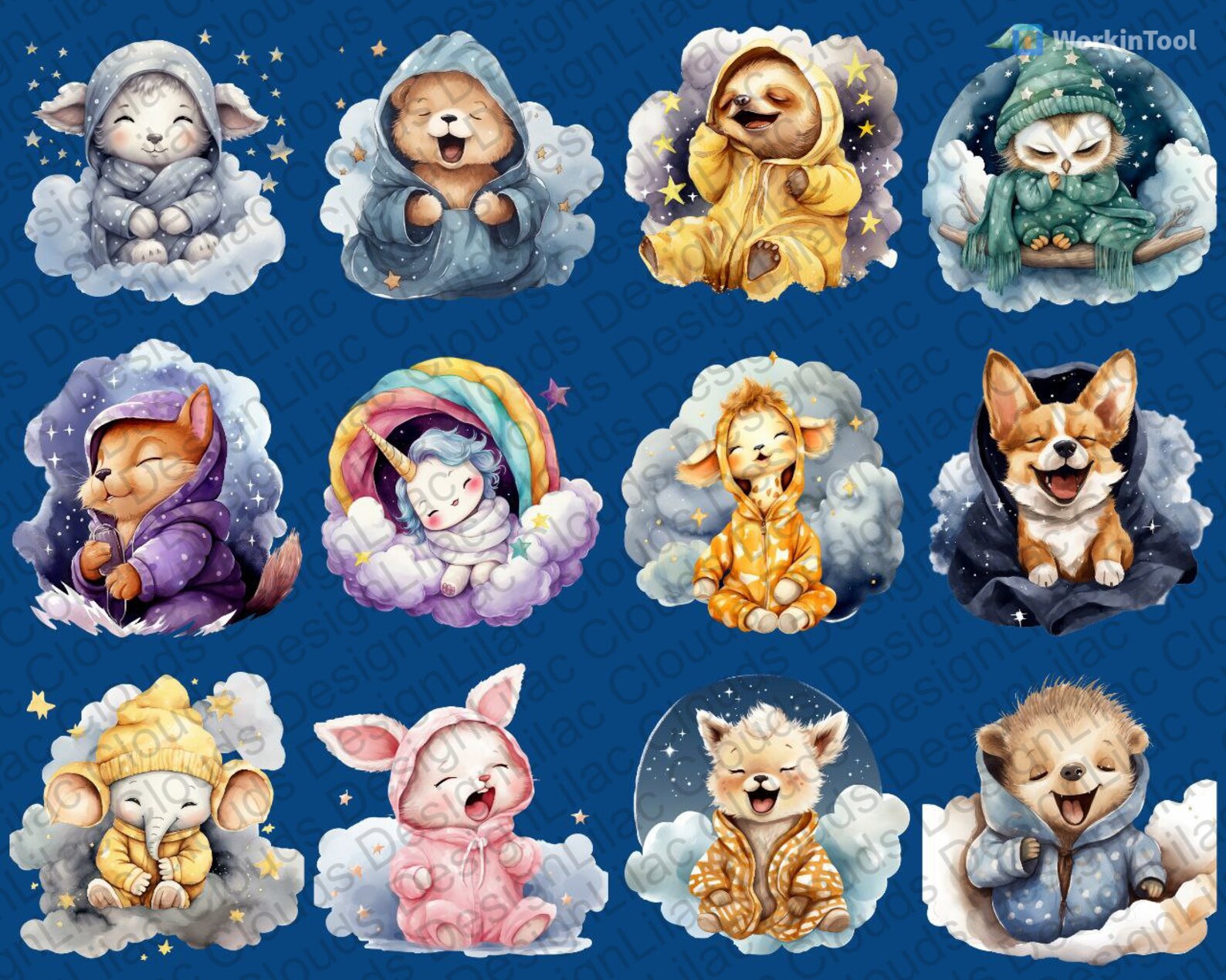 36 Sleepy Animals | Watercolor PNG Clipart | Yawning Baby Animals | on ...