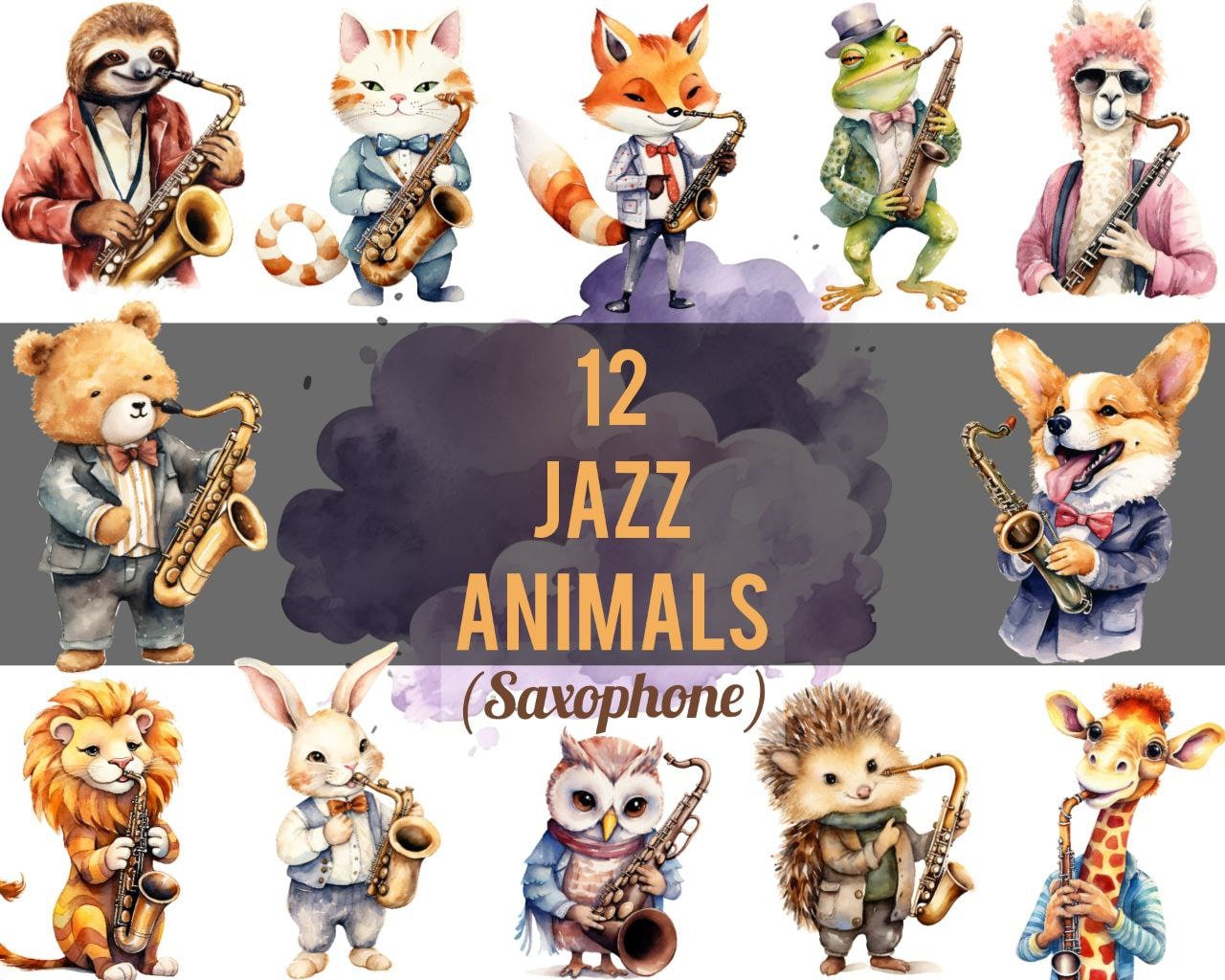 Jazz Animals| 12 PNG Clipart| Watercolor Animals Playing Saxophone ...