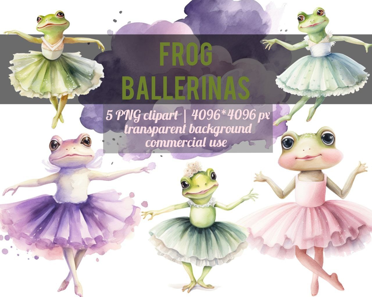 Frog Ballerinas Clipart| 5 Watercolor PNG| Dancing Frogs Art ...