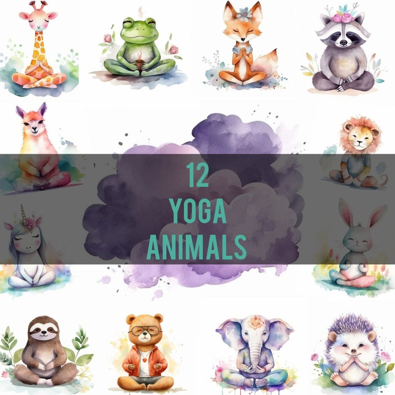 12 Watercolor Yoga Animals. PNG Clipart Bundle.(racoon, Unicorn, Fox ...