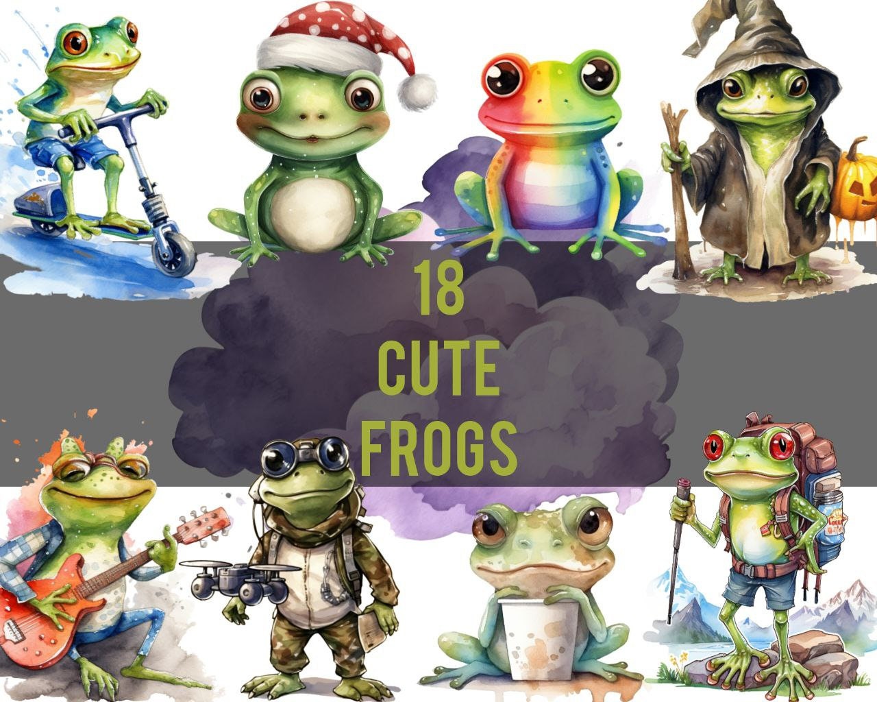 18 Cute Frogs | Watercolor Clip Art | PNG | Frog Musician, Yoga Frog ...