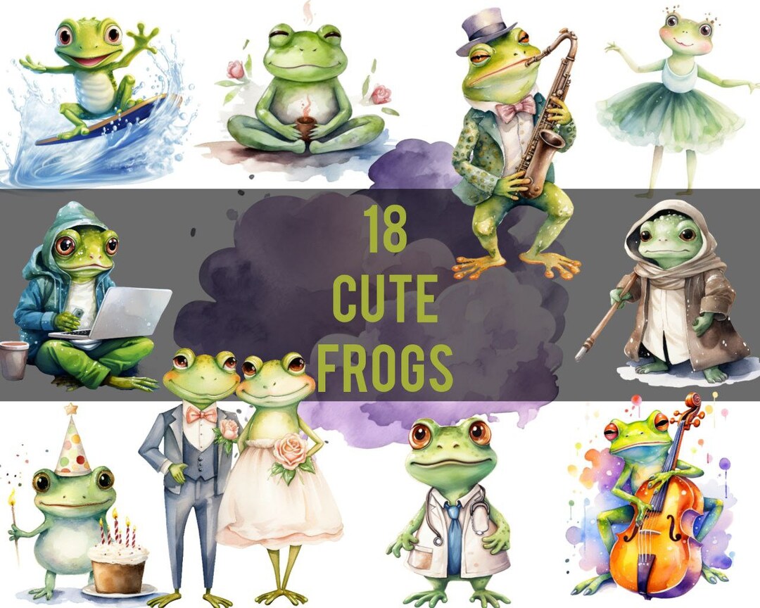 18 Cute Frogs | Watercolor Clip Art | PNG | Frog Musician, Yoga Frog, Couple of Frogs, Doctor ...