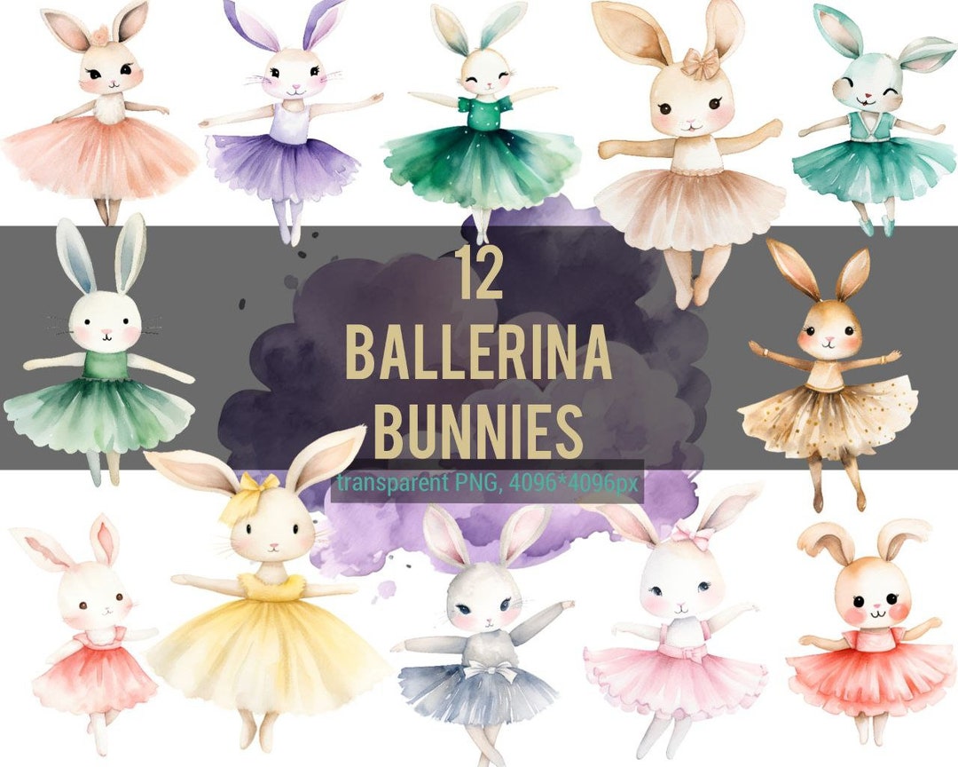 12 Ballerina Bunnies | Watercolor PNG Clipart | Bunny Ballerina Art ...