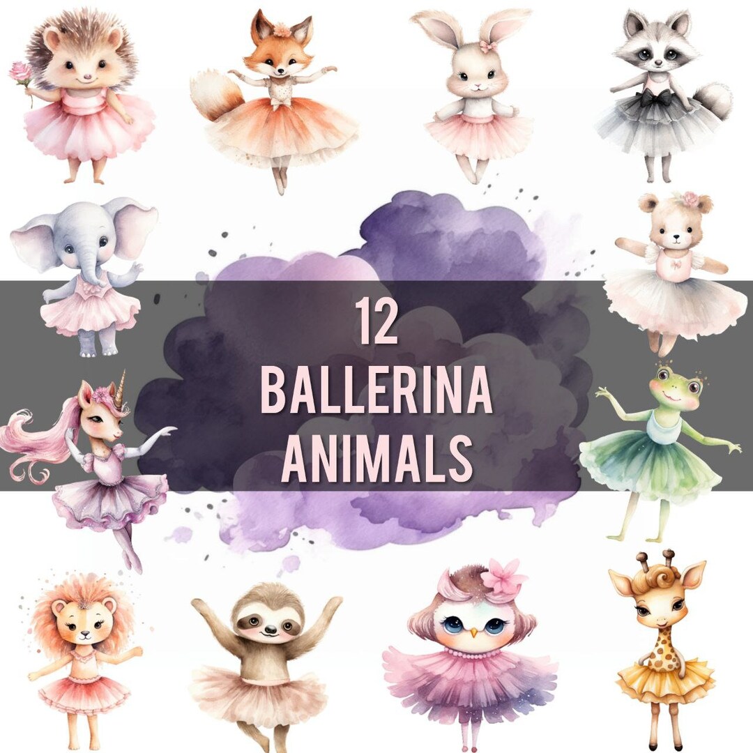 12 Watercolor Ballerina Animals. PNG Clipart Bundle. (racoon, Unicorn ...
