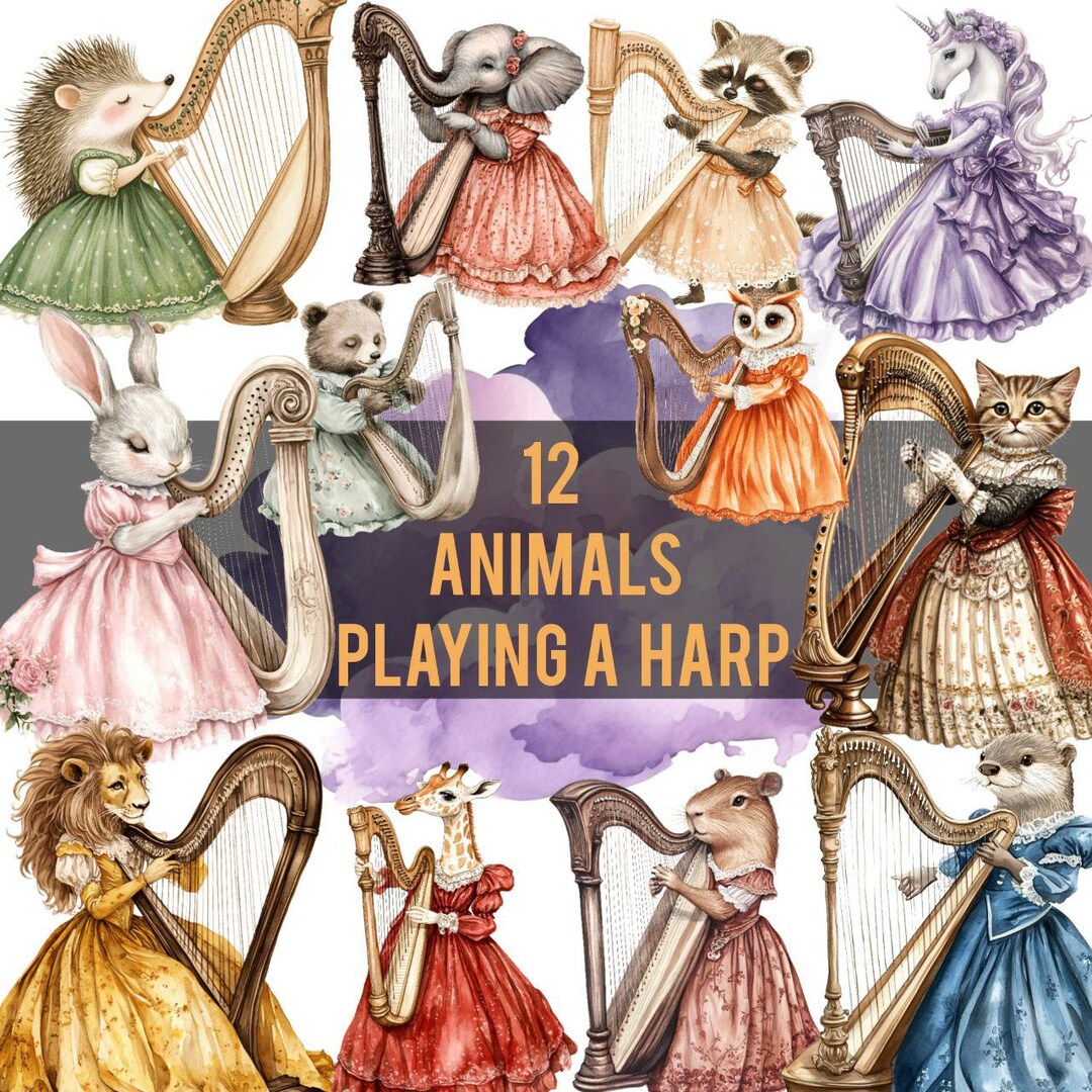12 Animals Playing a Harp | Watercolor PNG Clipart | Musician Cat,owl ...