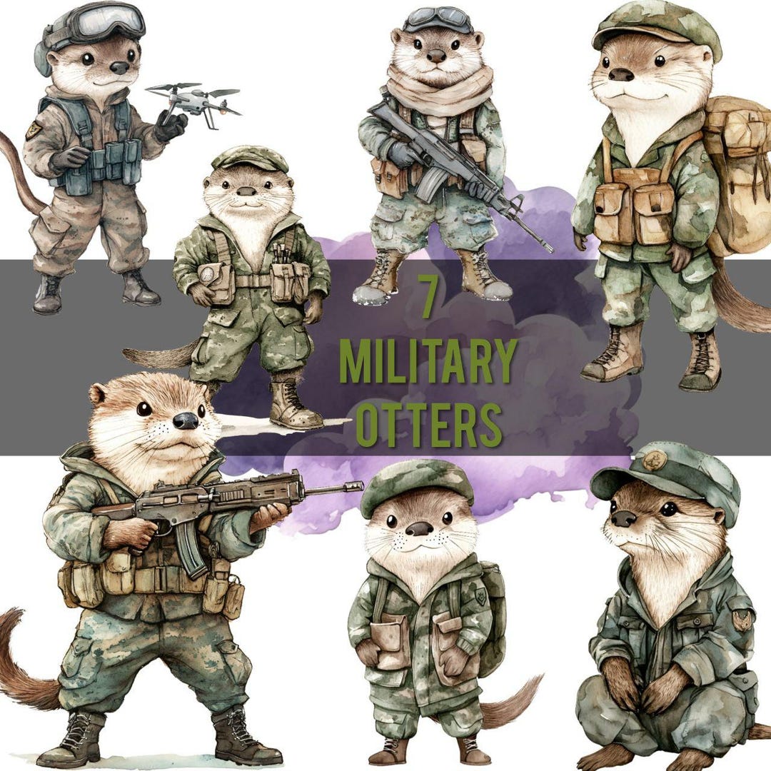 7 Military Otters | Watercolor PNG Clipart | Army Animals | Otter With ...