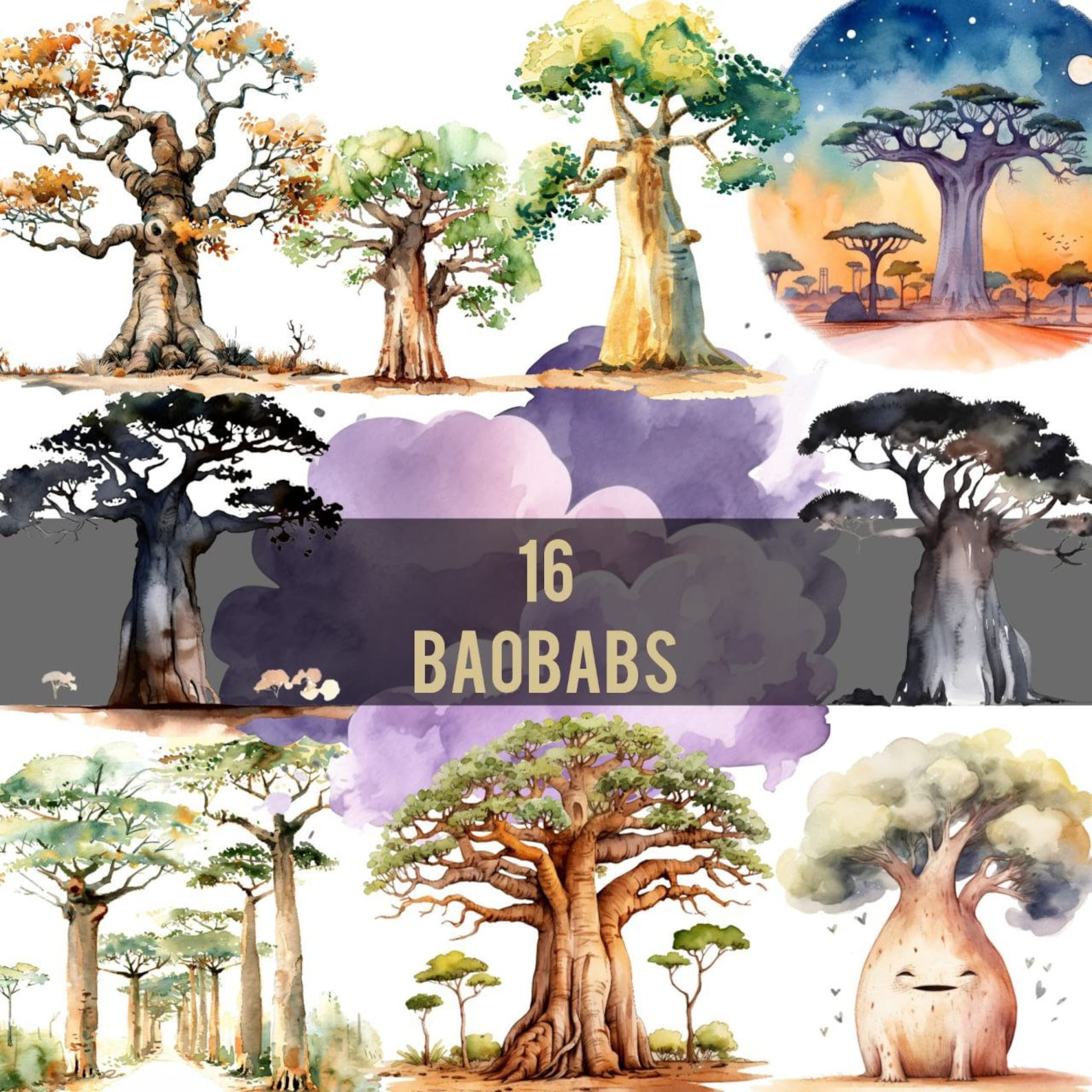 16 Baobabs | Watercolor PNG Clipart | Savannah Trees | Cartoon Baobab ...