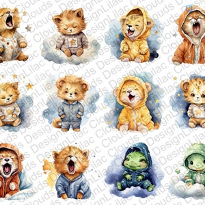 36 Sleepy Animals | Watercolor PNG Clipart | Yawning Baby Animals | on ...