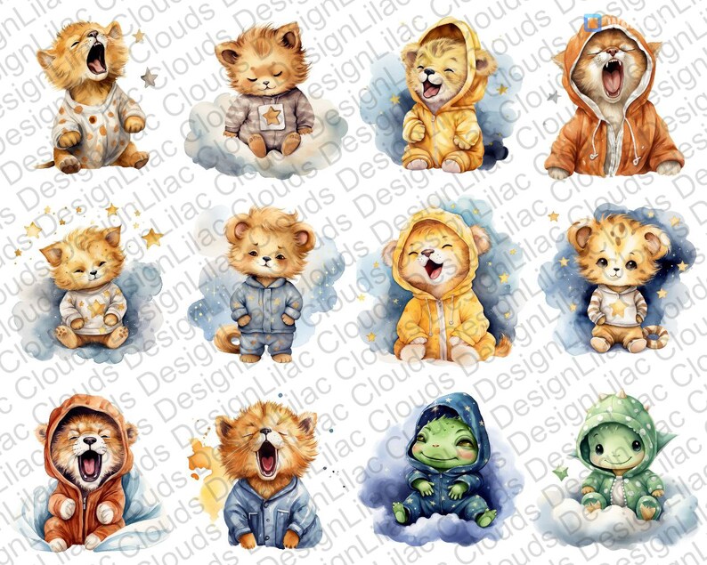 36 Sleepy Animals | Watercolor PNG Clipart | Yawning Baby Animals | on ...
