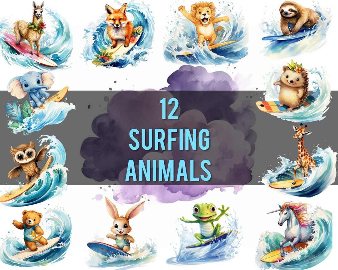 12 Animals Surfers | Watercolor PNG Clipart Set | Surfing (unicorn, Owl ...