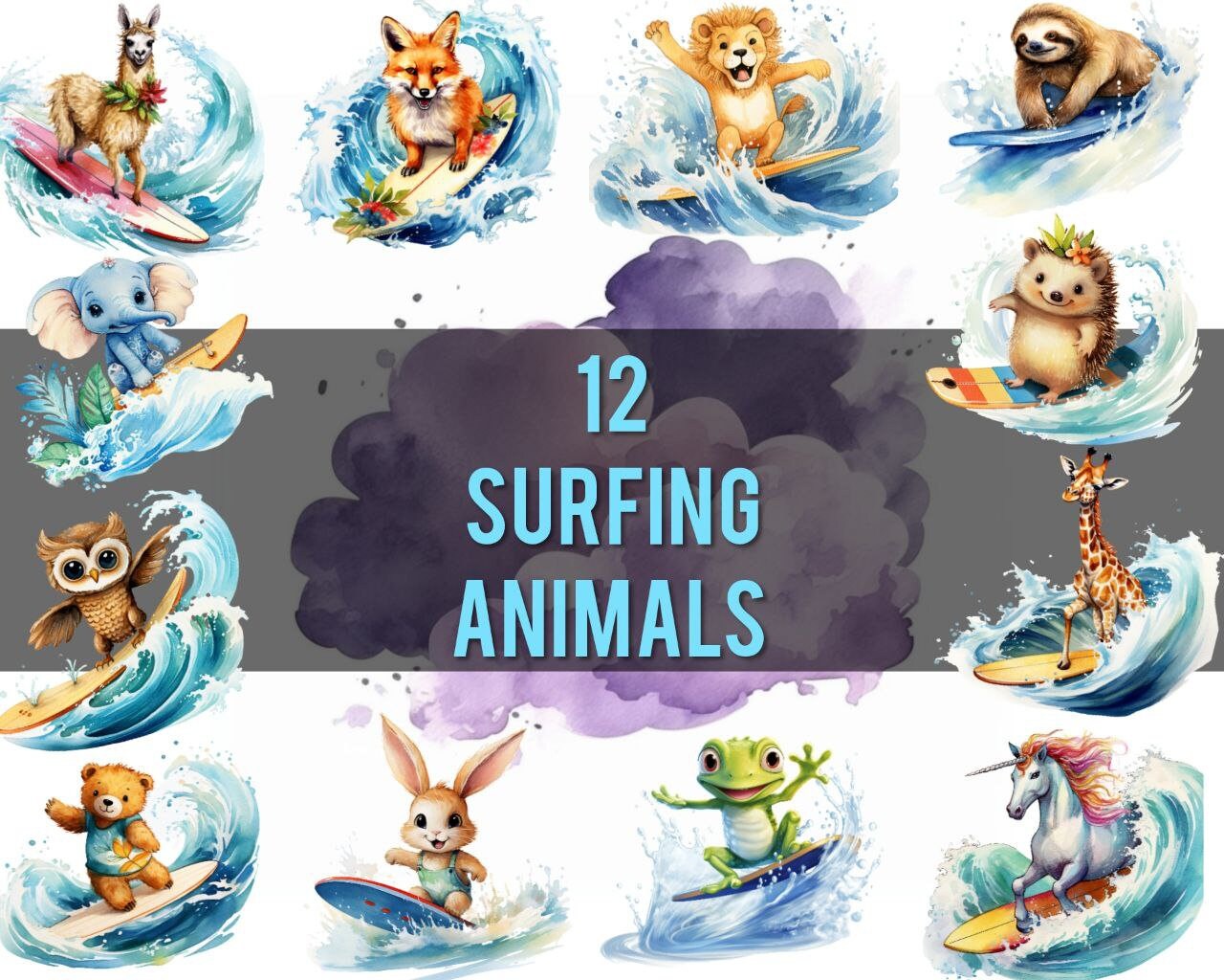 12 Animals Surfers | Watercolor PNG Clipart Set | Surfing (unicorn, Owl ...