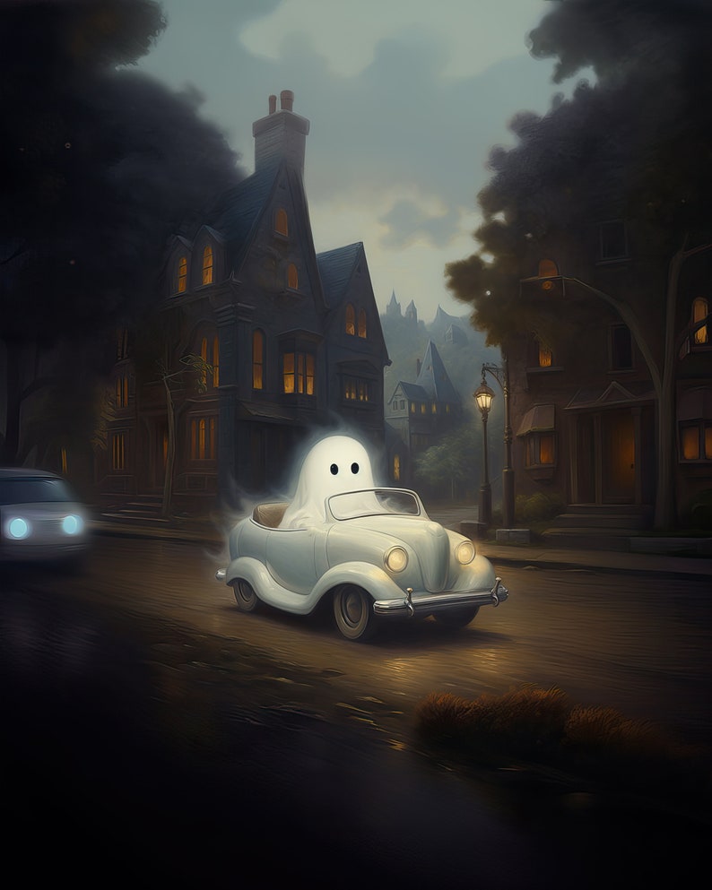 Cute Ghost Riding a Car Print | Vintage Oil Painting | Cottagecore ...